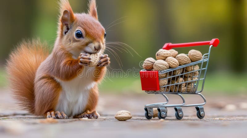A Squirrel Eating Walnuts Next To a Shopping Cart, AI Stock Photo ...