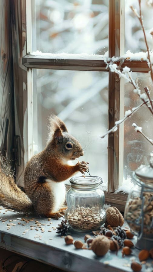 Squirrel Eats Seeds and Nuts from a Feeder on the Window Stock Photo ...