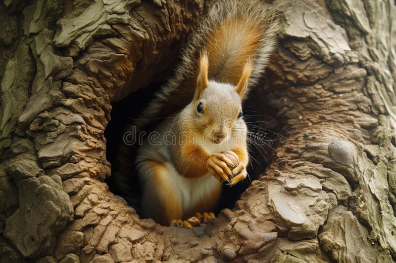Squirrel Emerging from a Hole in a Tree Trunk with a Nut Stock Image ...