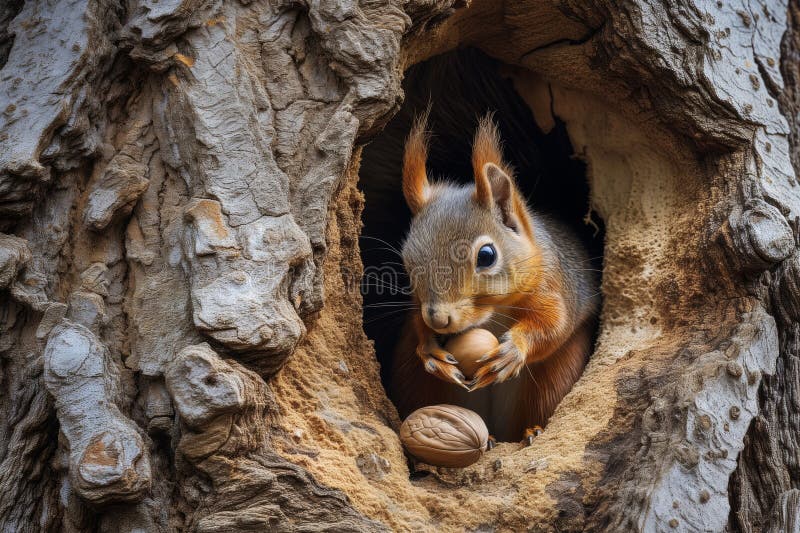 Squirrel Emerging from a Hole in a Tree Trunk with a Nut Stock Photo ...