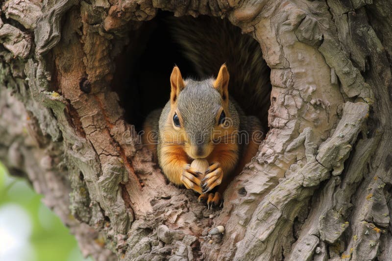 Squirrel Emerging from a Hole in a Tree Trunk with a Nut Stock Photo ...