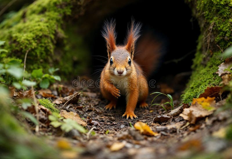 Squirrel Emerging from Its Burrow in a Lush Green Environment during ...