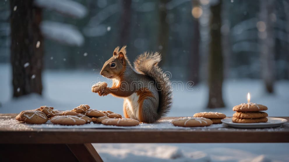 Adorable Red Squirrel Enjoying Gingerbread Cookies in Snowy Winter ...