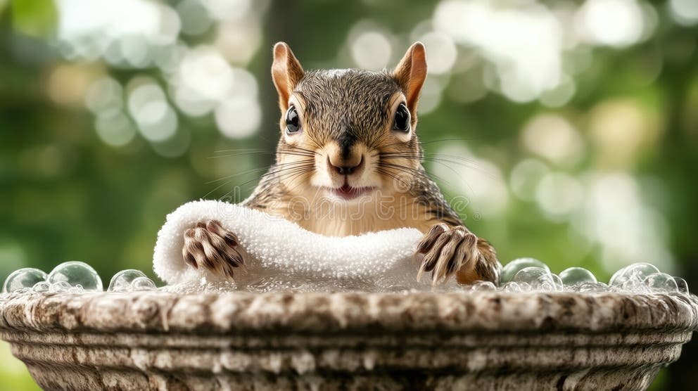 Squirrel Enjoys a Bubble Bath with Soap in a Garden Setting Stock Image ...