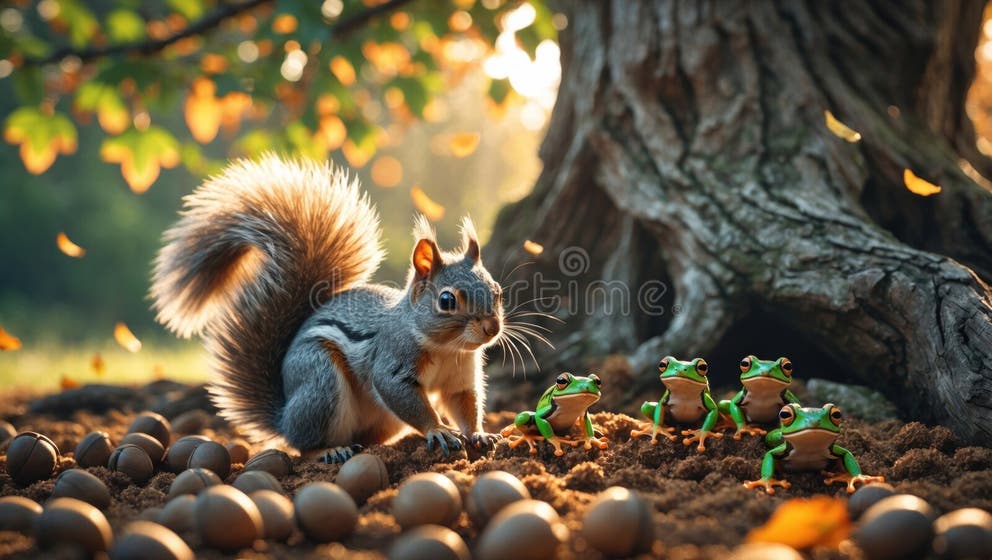 Adorable Squirrel and Three Green Tree Frogs in Autumnal Setting Stock ...