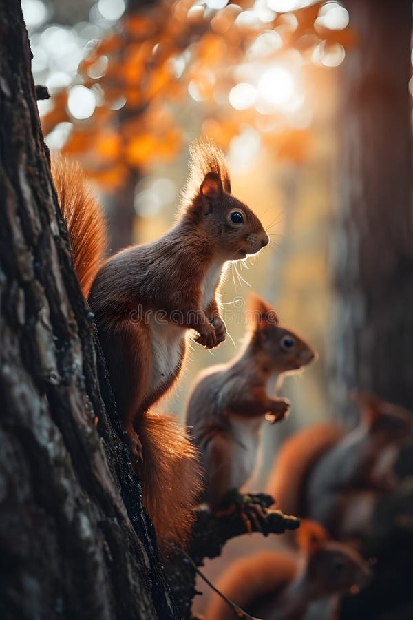 Squirrel Family on the Forest Tree in the Evening with Sunset. Stock ...
