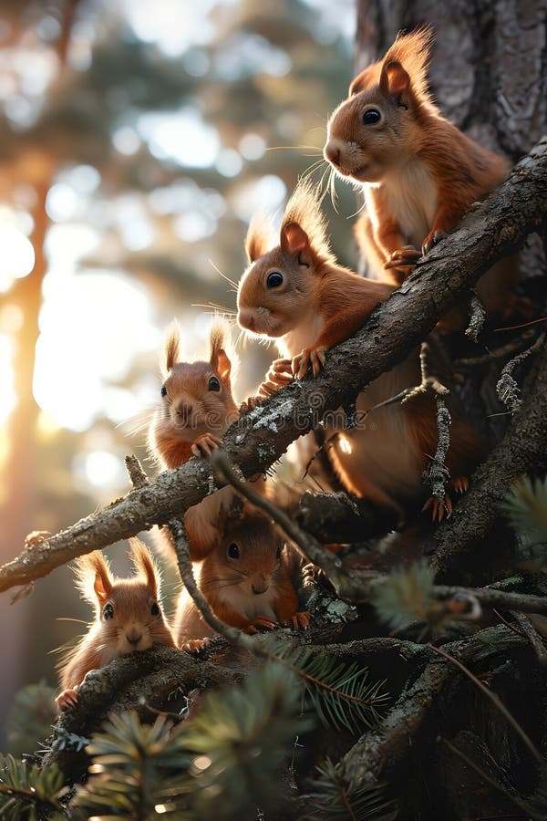 Squirrel Family on the Forest Tree in the Evening with Sunset. Stock ...