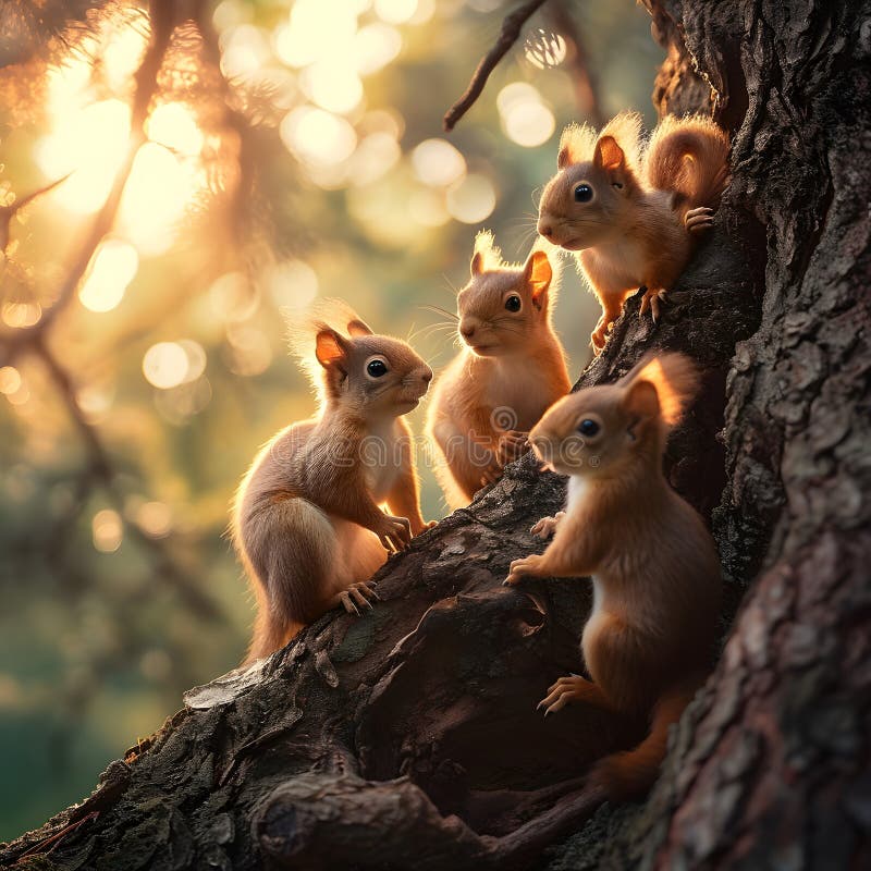 Squirrel Family on the Forest Tree in the Evening with Sunset. Stock ...