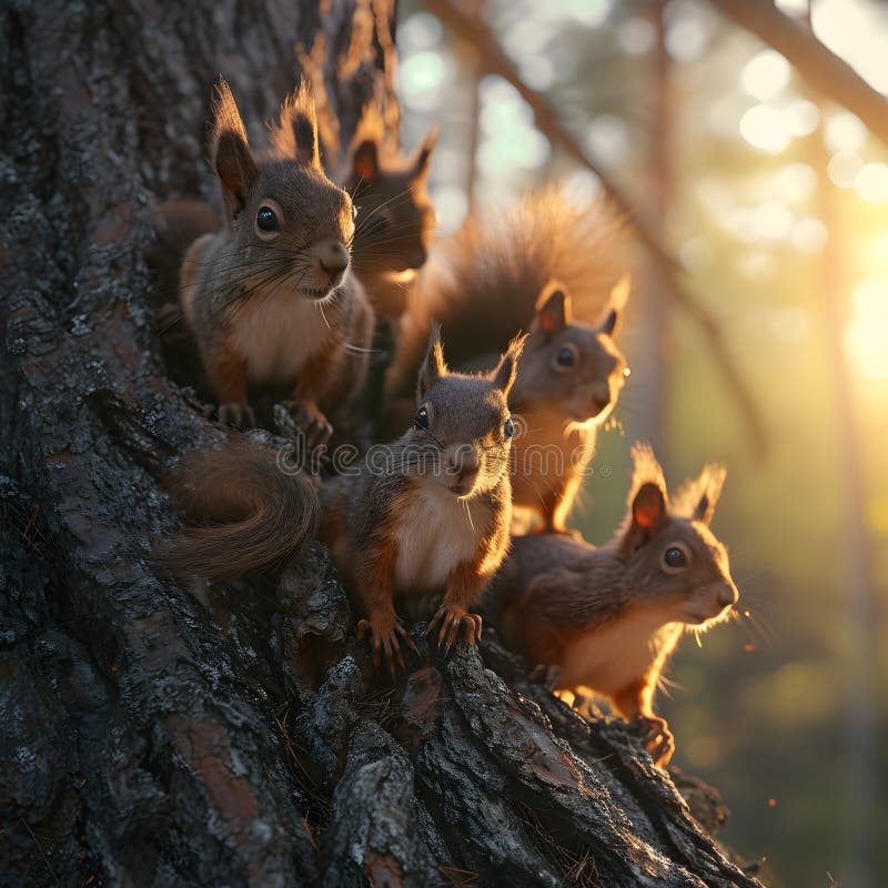 Squirrel Family on the Forest Tree in the Evening with Sunset. Stock ...