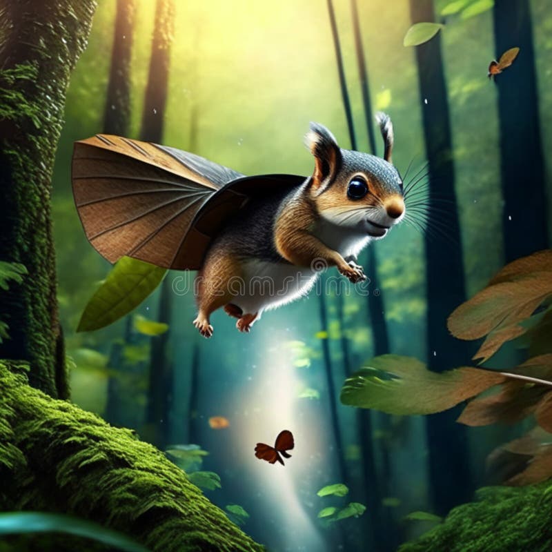 Squirrel Flying in the Forest. 3d Rendering. Computer Digital Drawing ...
