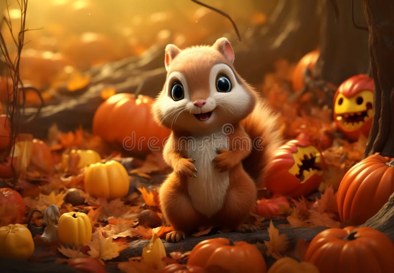Squirrel in the Forest with Nuts and Pumpkins in Halloween Environment ...