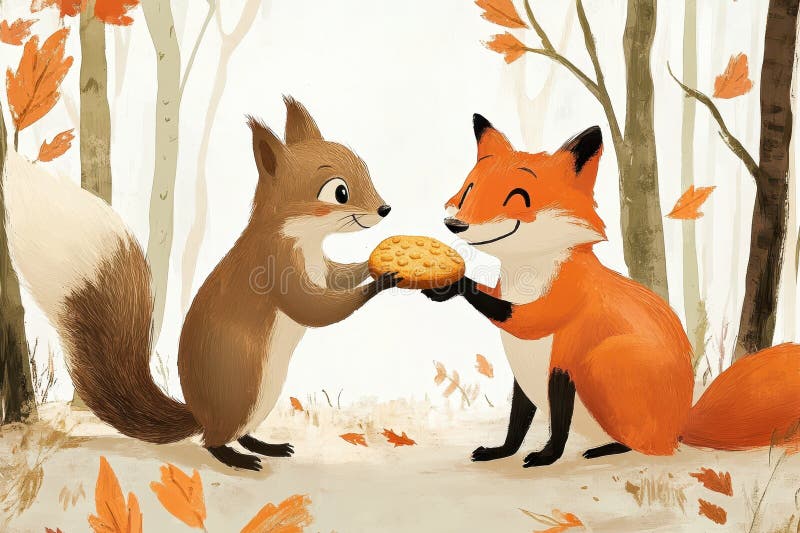 A Squirrel and a Fox Sharing a Cookie in an Autumn Forest Stock ...