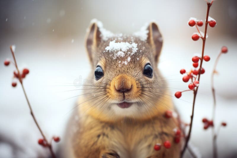 Squirrel with Full Cheeks beside Winter Berries Stock Photo - Image of ...