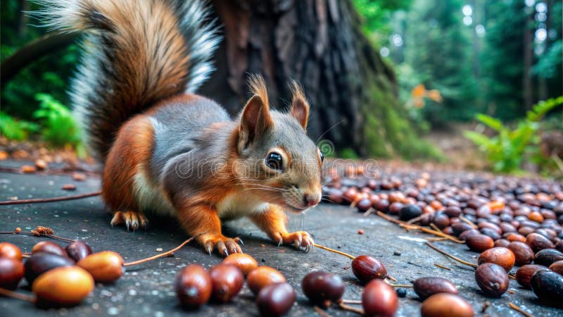 Squirrel Gathering Acorns in Forest Stock Illustration - Illustration ...