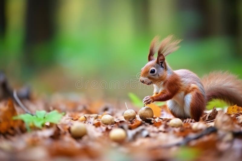A Squirrel Gathering Acorns in the Forest Stock Illustration ...