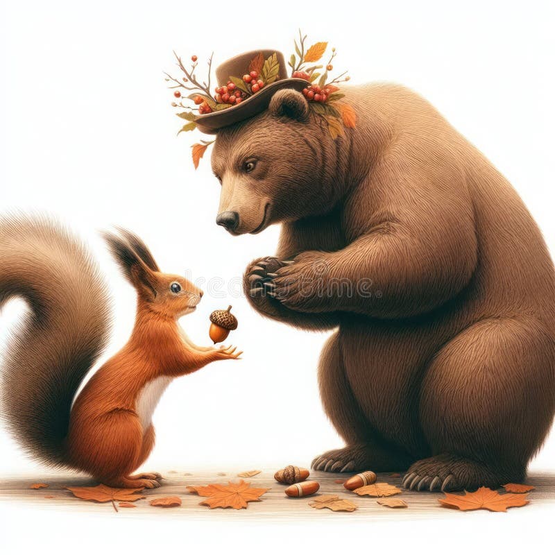 A Squirrel Gives an Acorn To the Bear. Stock Illustration ...