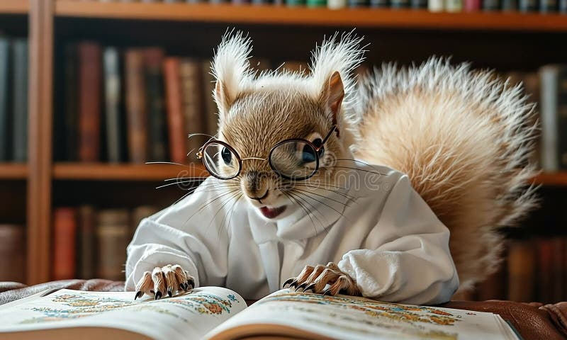 Squirrel in Glasses, Lab Coat, Reading Stock Footage - Video of library ...