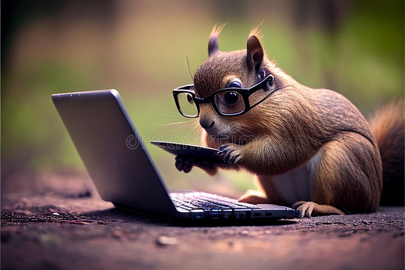 Squirrel in Glasses Uses a Laptop. AI Generated. Stock Photo - Image of ...