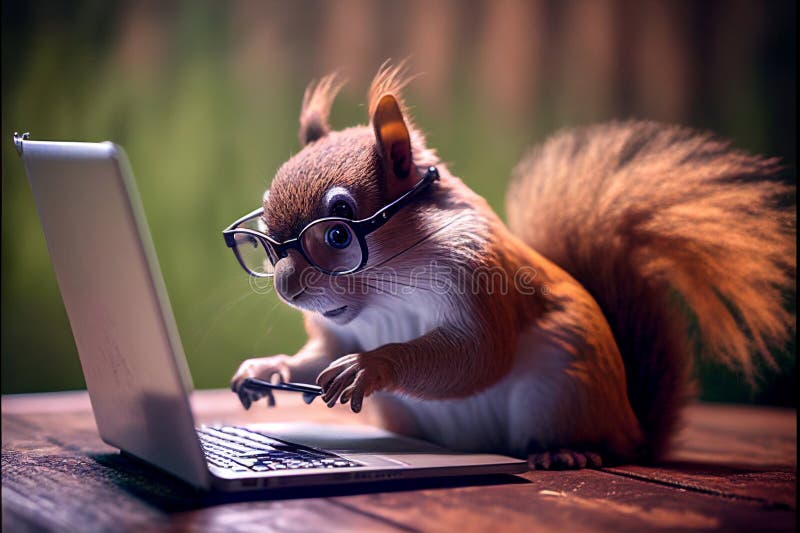 Squirrel in Glasses Uses a Laptop. AI Generated. Stock Illustration ...
