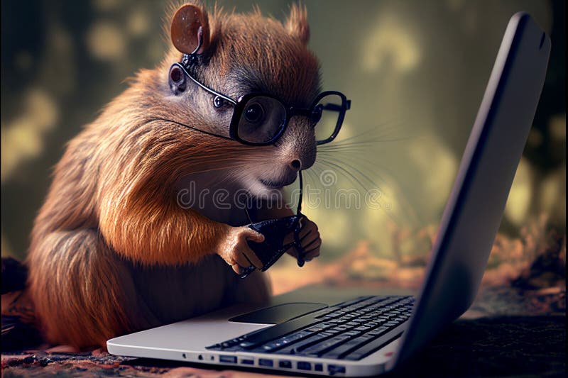 Squirrel in Glasses Uses a Laptop. AI Generated. Stock Illustration ...