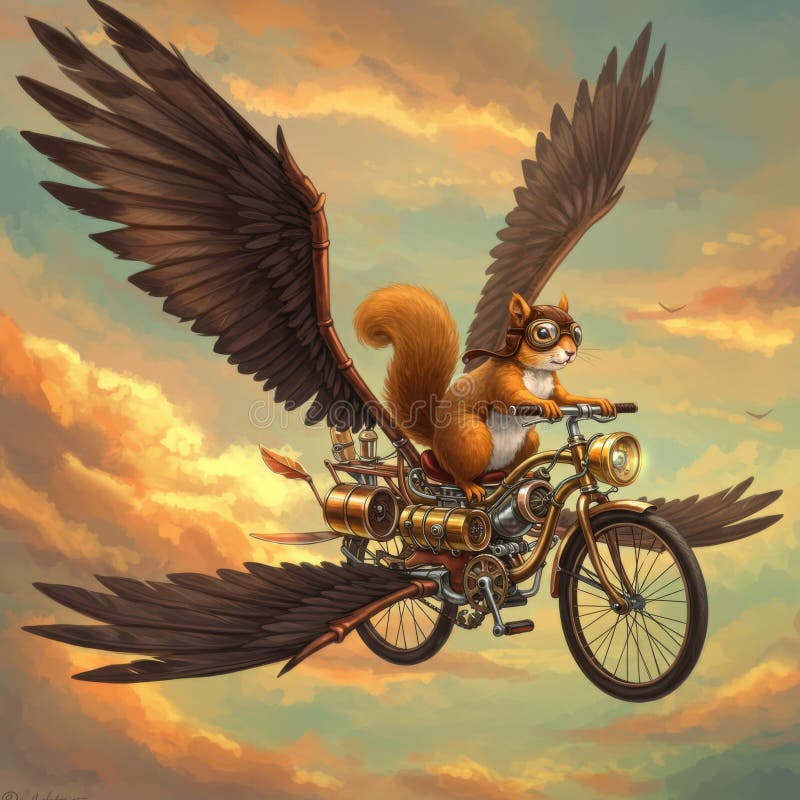 A Squirrel with Goggles Riding a Steampunk Motorcycle with Wings Flying ...