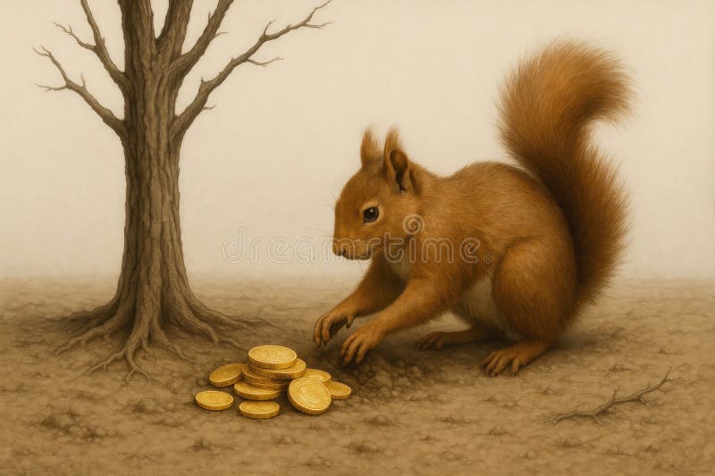 A Squirrel Hides Gold Coins Under a Tree. Stock Photo - Image of autumn ...