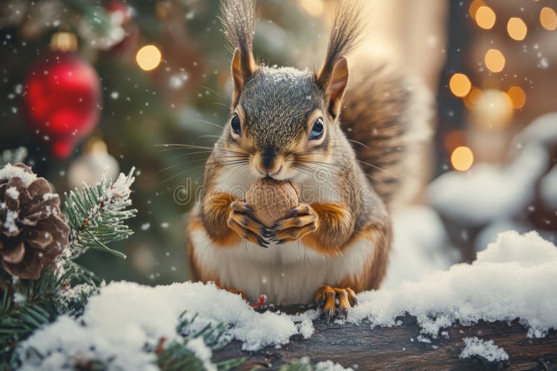 Squirrel Holding Acorn on Tree Stump Stock Illustration - Illustration ...