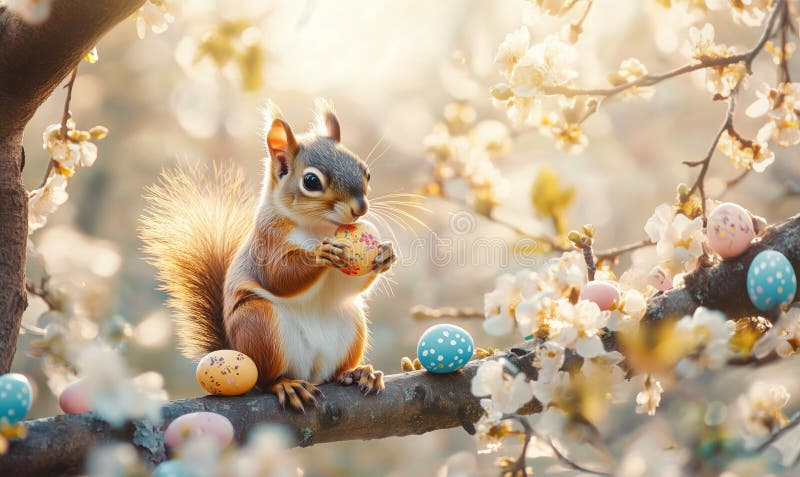 Squirrel Holding Colorful Easter Egg among Blossoming Cherry Tree ...