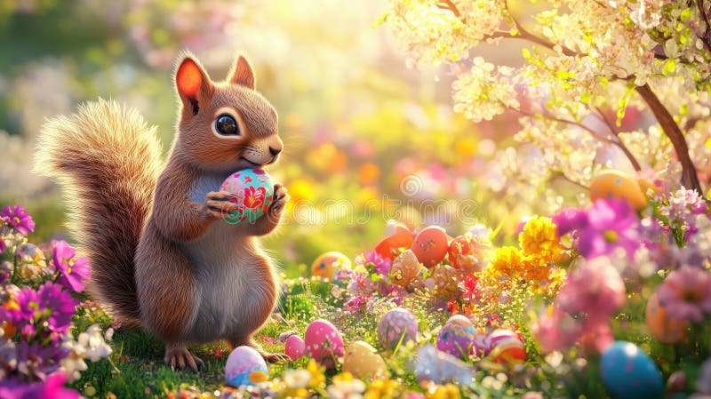 Squirrel Holding Colorful Easter Egg in Vibrant Flower Field ...
