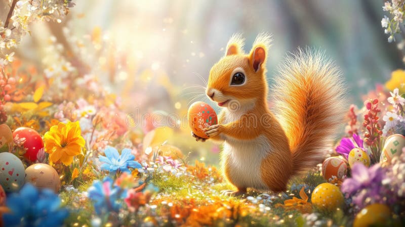 Squirrel Holding Colorful Easter Egg in Vibrant Flower Garden, Spring ...