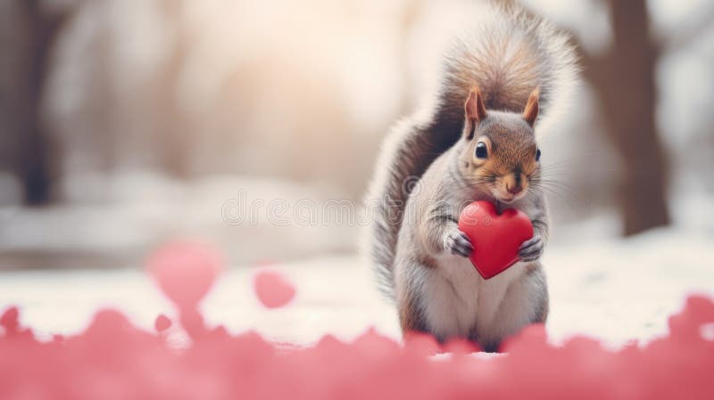 A Squirrel Holding a Heart in the Snow, AI Stock Image - Image of love ...