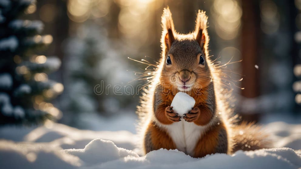 Adorable Red Squirrel Holding a Snowball in Winter Wonderland Stock ...