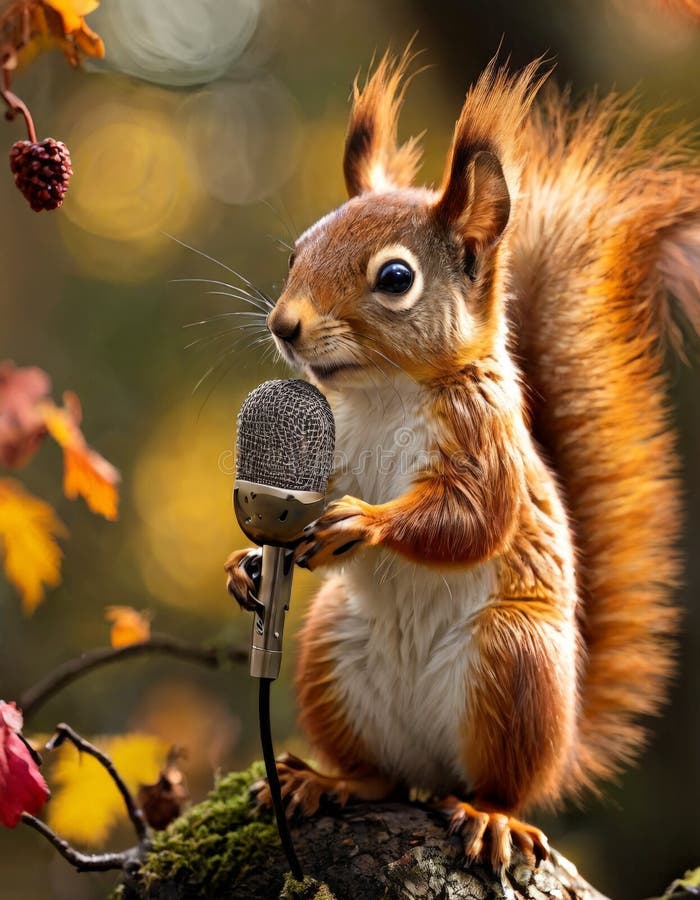 Squirrel Holding a Microphone on a Tree Branch in Autumn Stock Photo ...