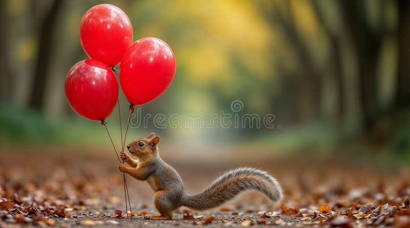 Squirrel Holding Red Balloons on a Forest Path Stock Image - Image of bright, celebration: 353015231
