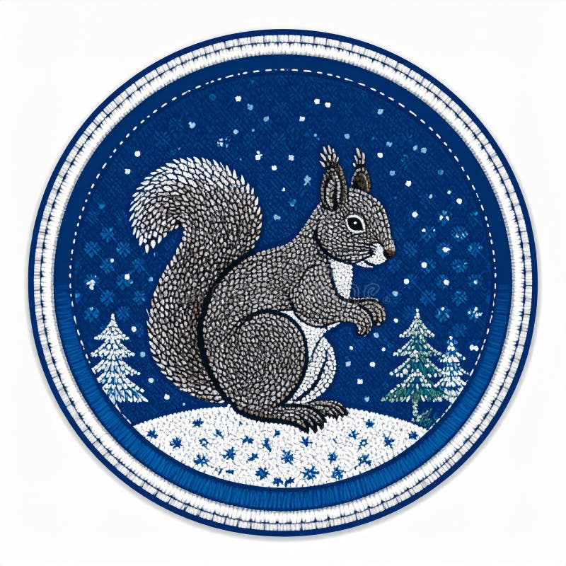 Squirrel Illustration on Winter Snow Scene Background in Blue and White ...
