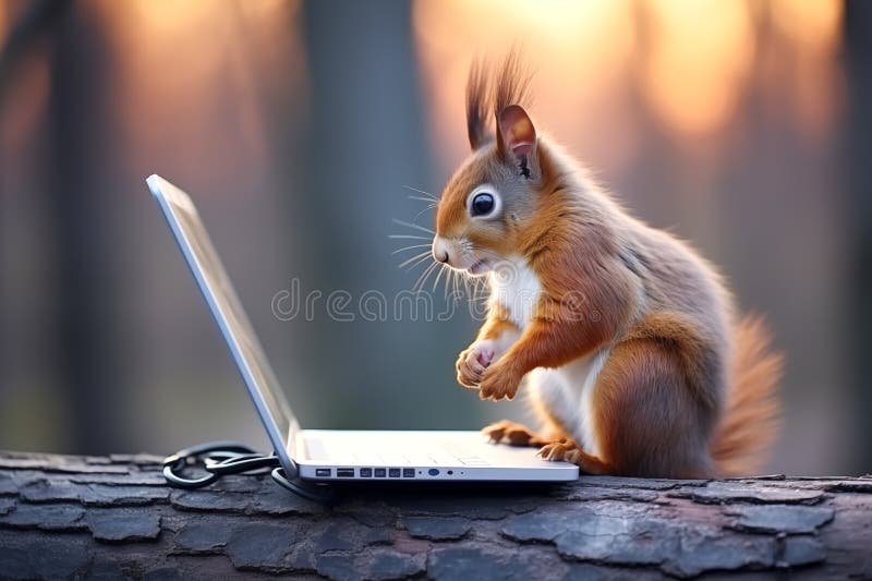 Squirrel Interacting with Laptop in Nature Stock Illustration ...