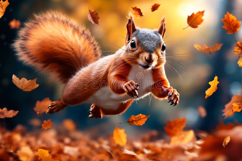 A Squirrel Jumping through the Air Surrounded by Leaves Stock Image ...