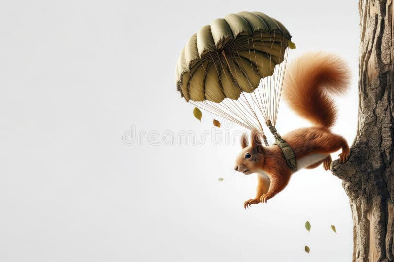 A Squirrel Jumps with a Parachute from a Tree. Space for Text. Stock ...