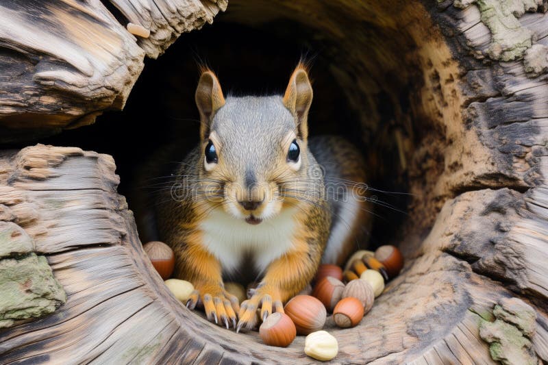 Squirrel in a Knothole with a Nut Collection Stock Image - Image of ...