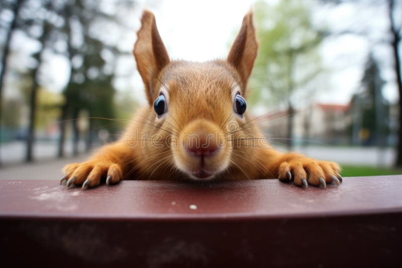 Squirrel Laying Flat on a Bench, Peering Curiously at the Camera Stock ...