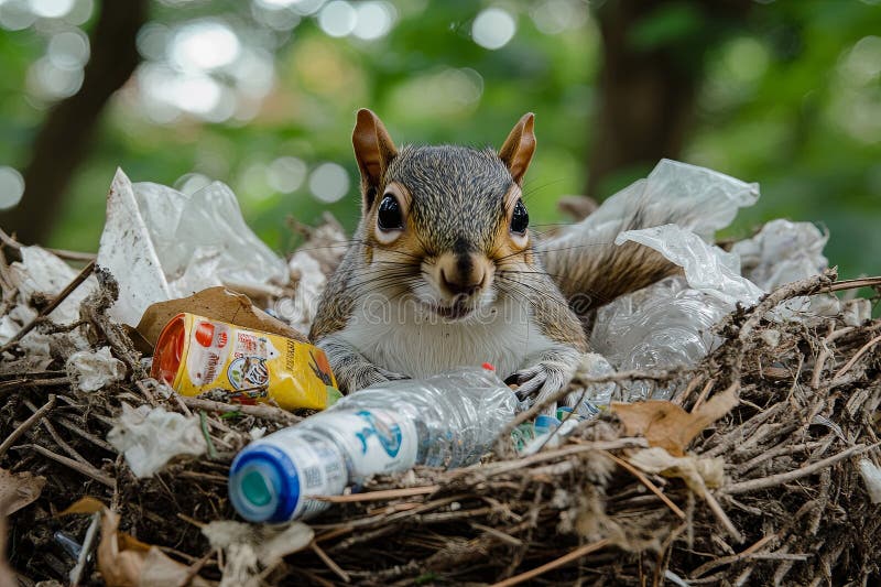 A Squirrel is Laying in a Nest Made of Plastic Bags and Bottles Stock ...