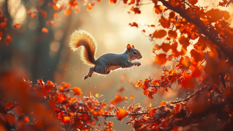 A Squirrel Leaping through Autumn Leaves Stock Illustration ...