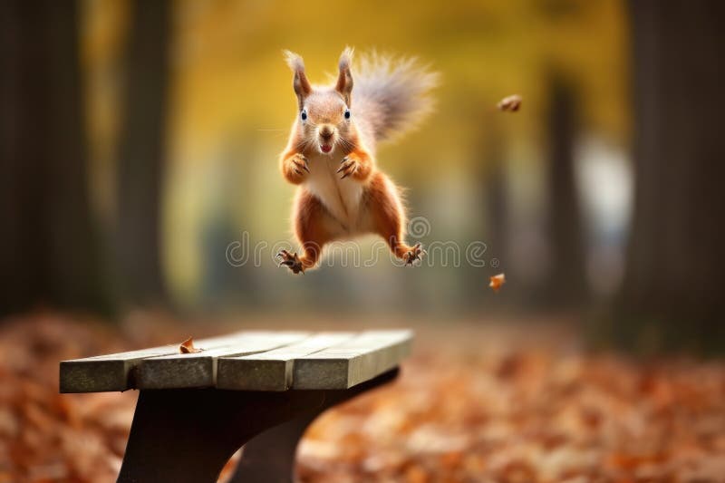 Squirrel Leaping Off a Bench in a Park Stock Image - Image of rodent ...
