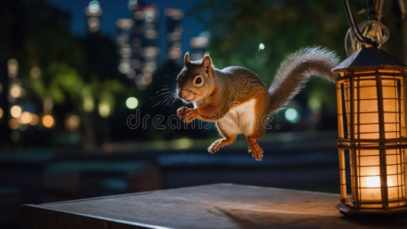 Night Squirrel Leaps Towards Glowing Lantern in City Park Stock ...