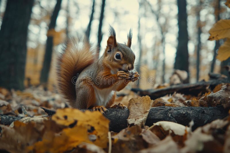 Squirrel on Leaves in Forest Stock Image - Image of wildlife, squirrel ...