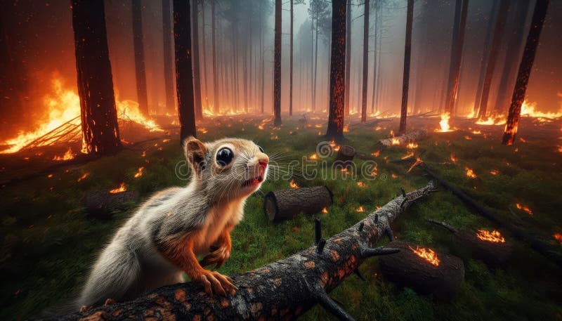 Squirrel in Burning Forest a Squirrel Looks on in Alarm As a Forest ...
