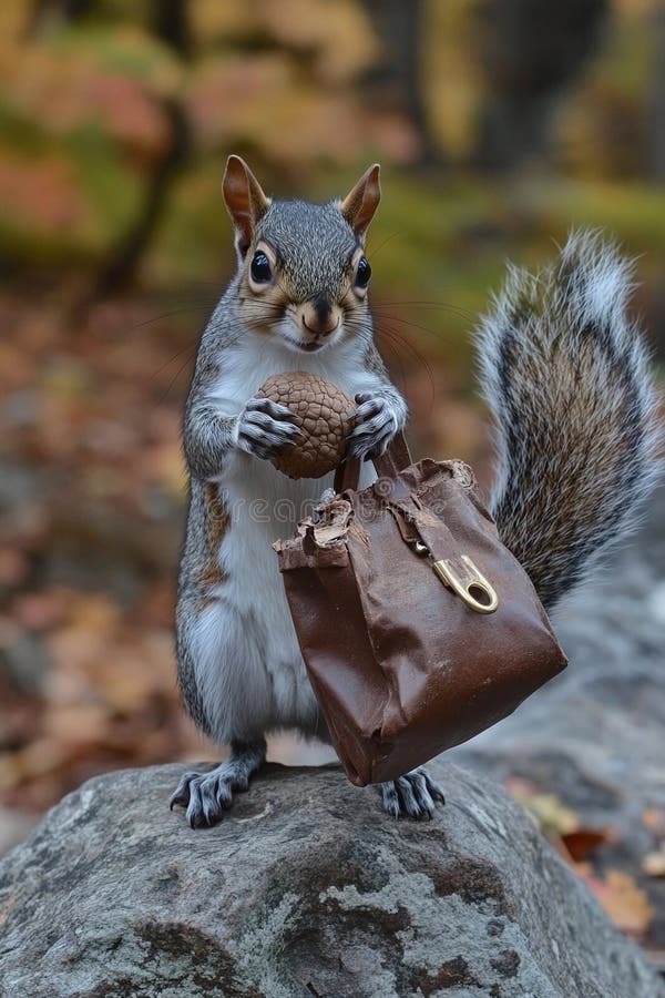 A Squirrel Mail Carrier with a Tiny Mailbag Delivering Acorns Stock ...
