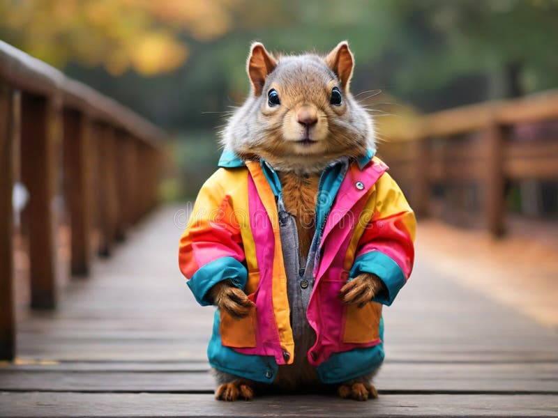 Squirrel Man Dressed in a Retro Bright Multi-piece Jacket on a Wooden ...