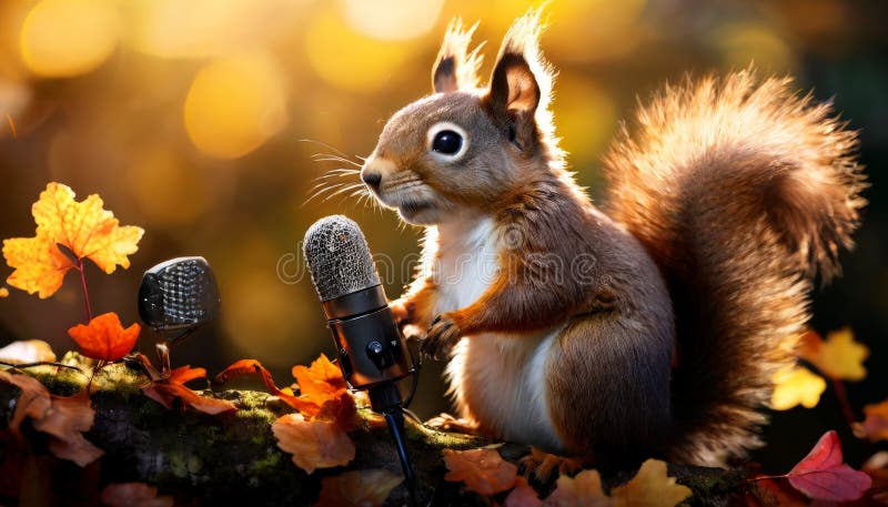 Squirrel with Microphone in Autumn Forest Setting Stock Photo - Image ...