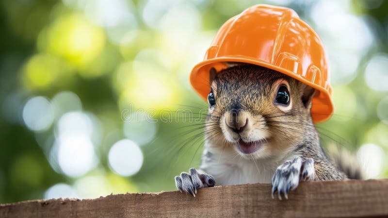 A Squirrel with a Miniature Construction Helmet Perched on a Wooden ...